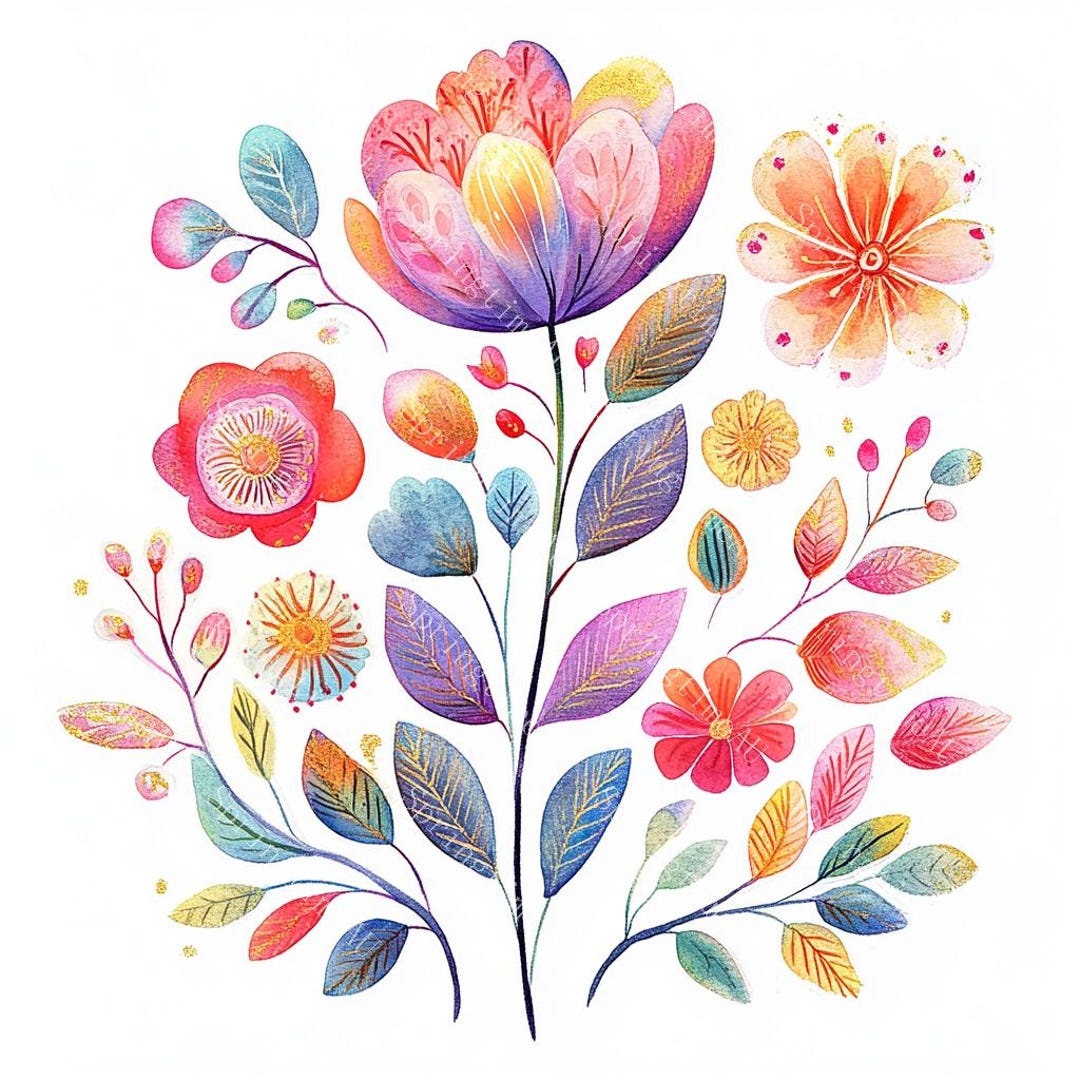 20 Quirky Weird Flowers Clipart, Folk Art Flowers, Colorful Flowers ...