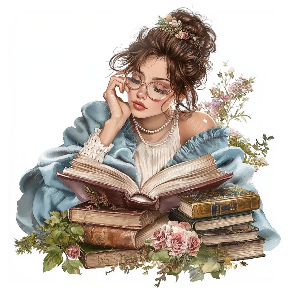 15 Book Lover Clipart, Girl Reading on Books, Literary Art, Printable ...