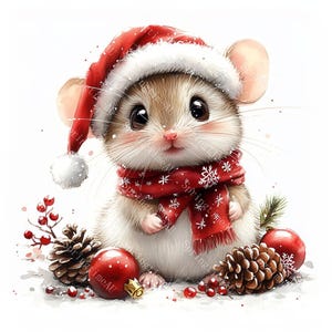 16 Christmas Mouse Clipart, Cute Santa Mouse, Christmas Card, Printable ...