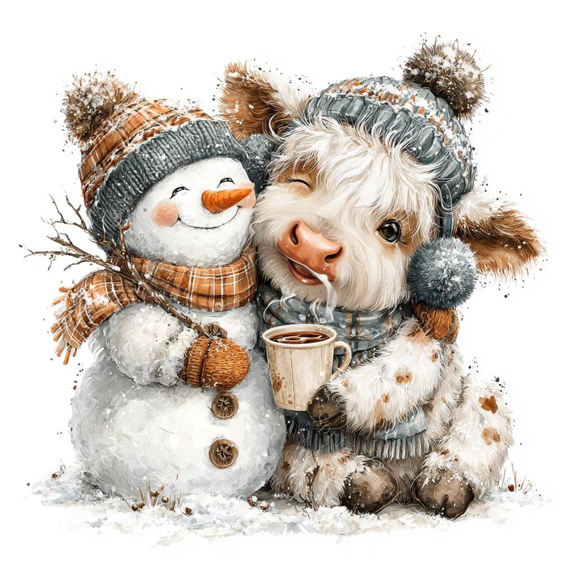 20 Highland Cow With Snowman Clipart, Cozy Winter, Fluffy Cow Xmas ...
