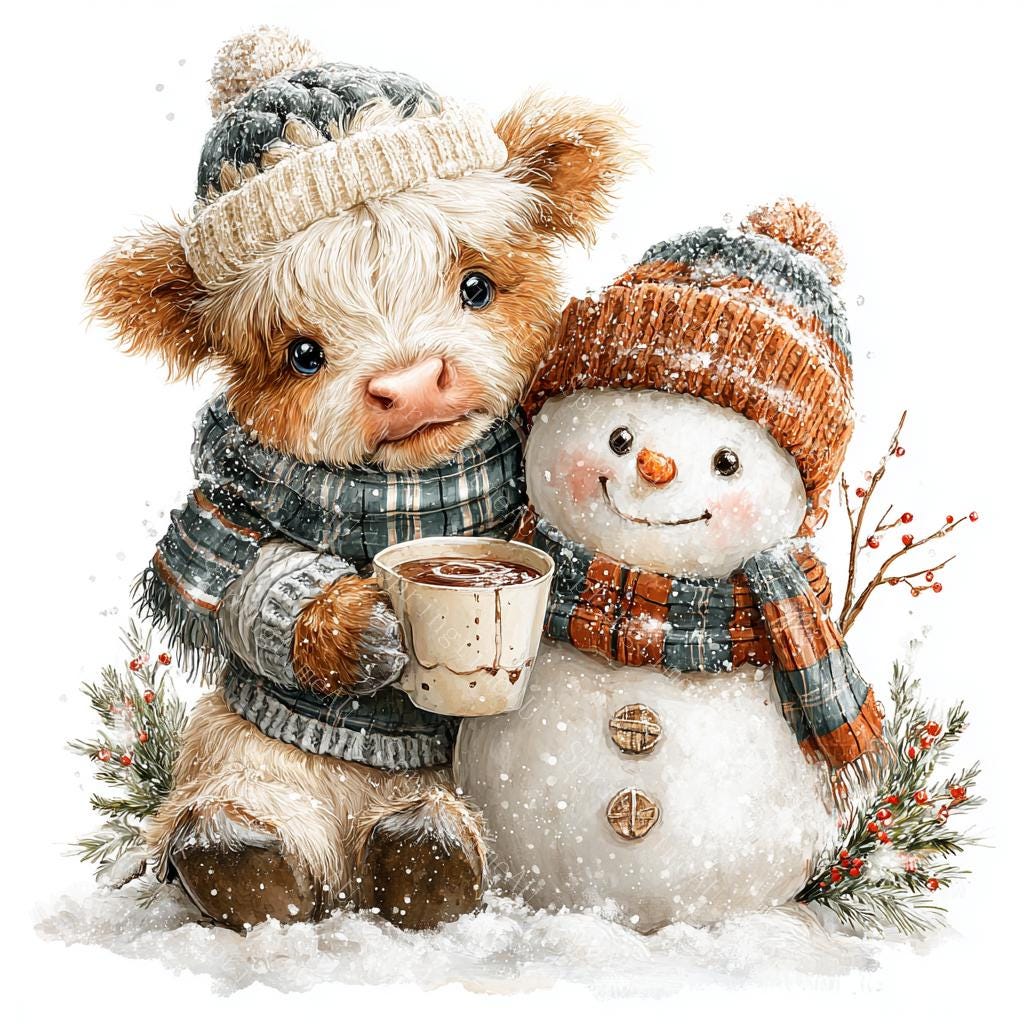 20 Highland Cow With Snowman Clipart, Cozy Winter, Fluffy Cow Xmas ...