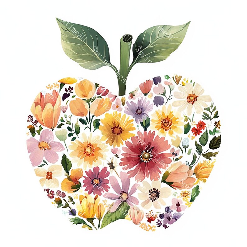 20 Floral Apple Clipart, Fall Teacher Apple, Teacher Gift, Printable ...