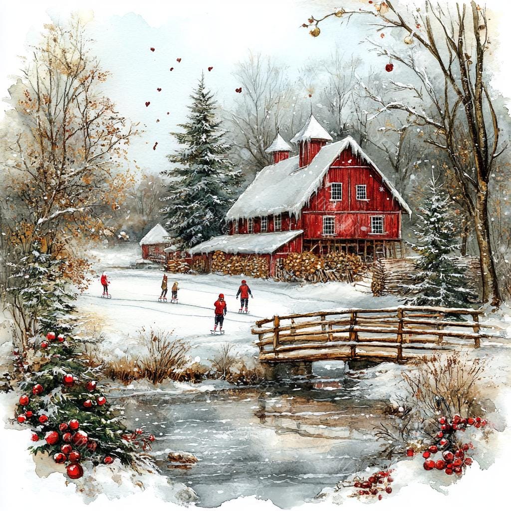 18 Winter Countryside View Clipart, Christmas Cart Barn Village Clipart ...