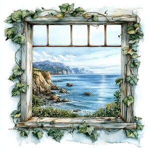 14 Window Seaside View Clipart, Window to Ocean Print, Window Ocean ...