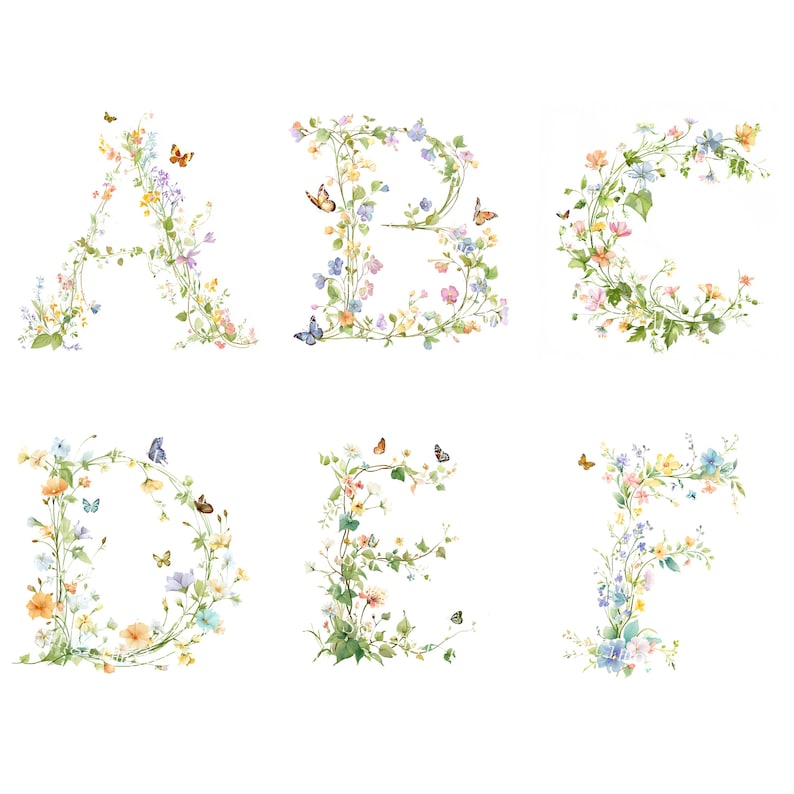 26 Floral Alphabet Clipart, Wildflowers, Floral Letters and Ampersand ...