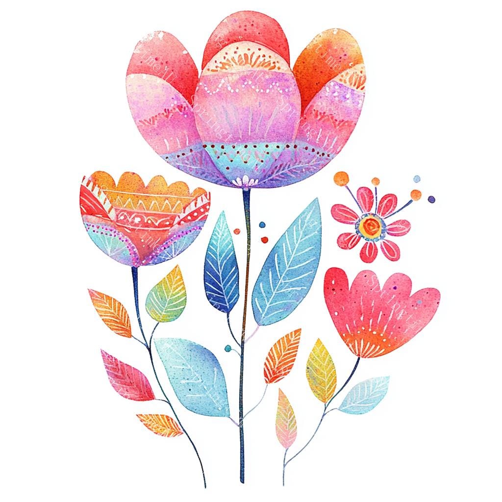 20 Quirky Weird Flowers Clipart, Folk Art Flowers, Colorful Flowers ...