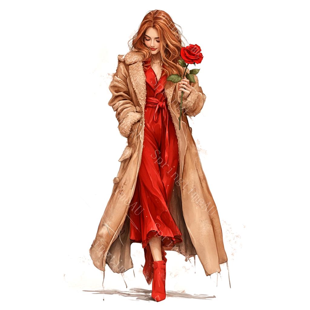 14 Red Roses Girl Clipart, Romantic Girl, Cottagecore Feminine ...