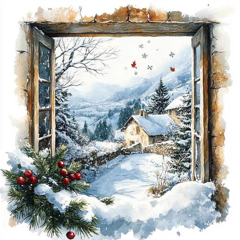 15 Winter Window Landscape View Clipart, Snowy Scene, Christmas Window ...