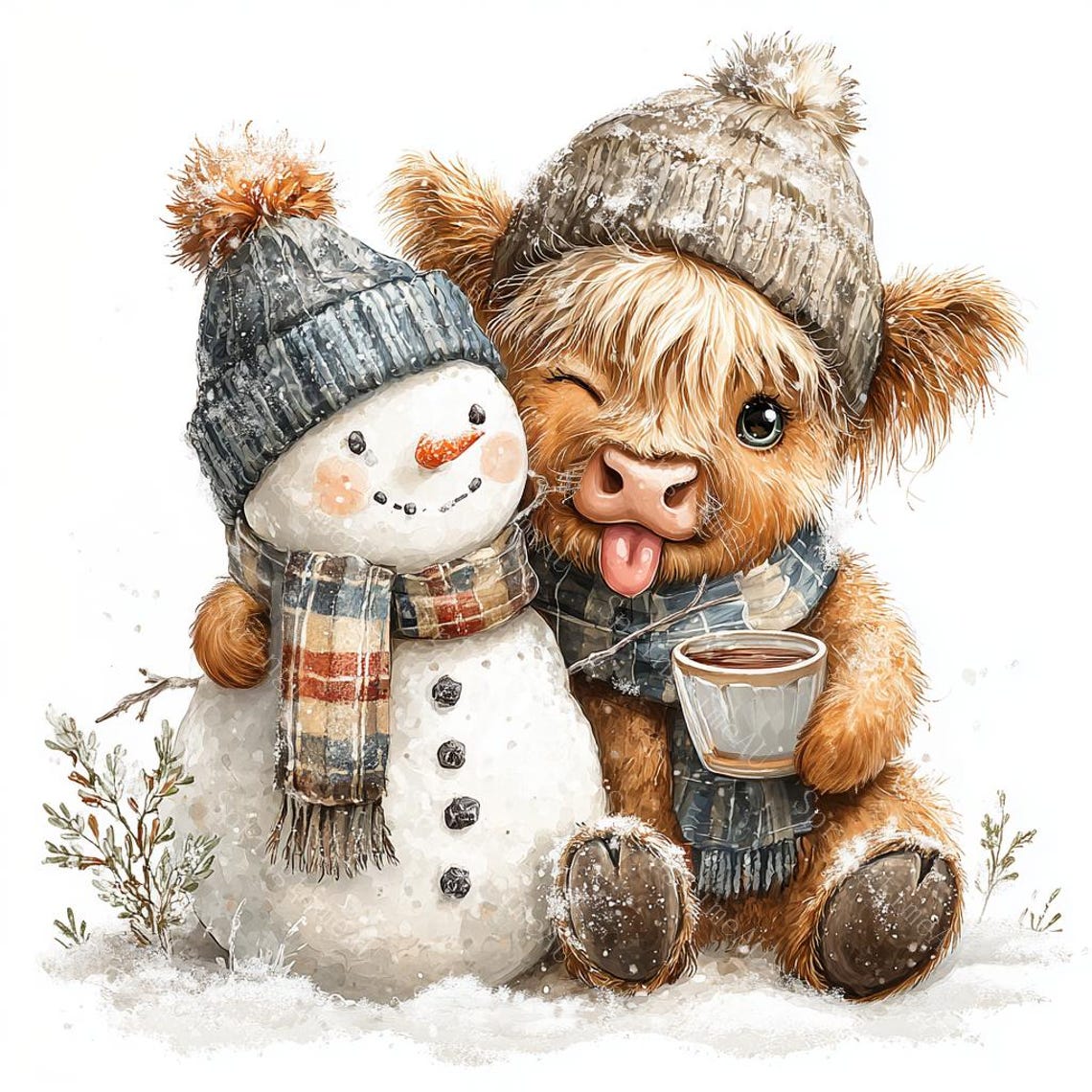 20 Highland Cow With Snowman Clipart, Cozy Winter, Fluffy Cow Xmas ...