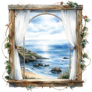 14 Window Seaside View Clipart, Window to Ocean Print, Window Ocean ...