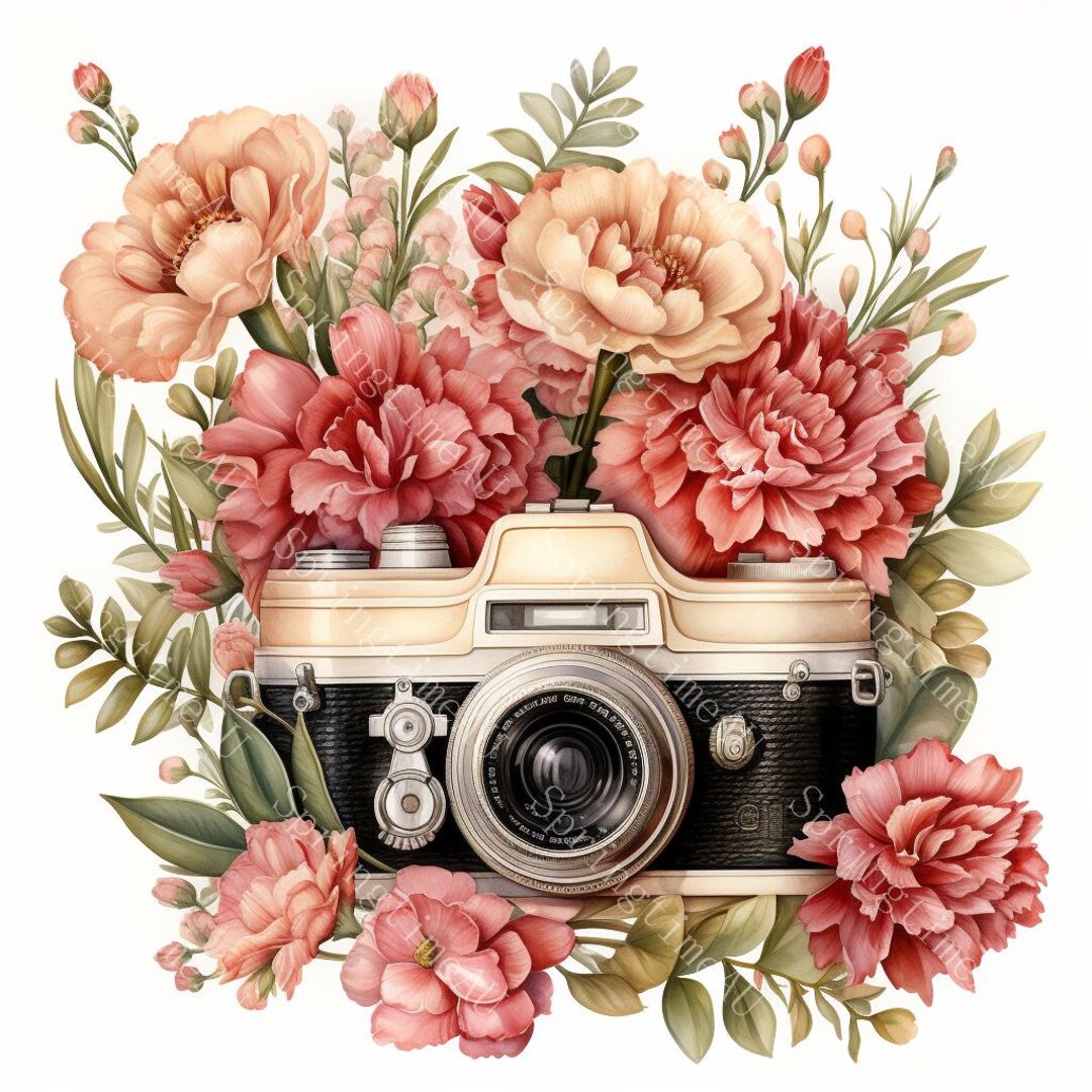 18 Vintage Floral Camera Clipart, Photo Camera, Printable Watercolor ...