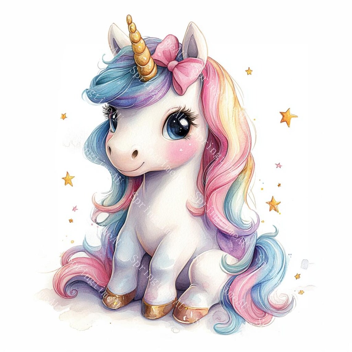 20 Cute Baby Unicorn With Bow Clipart, Kawaii White Unicorn, Fantasy ...
