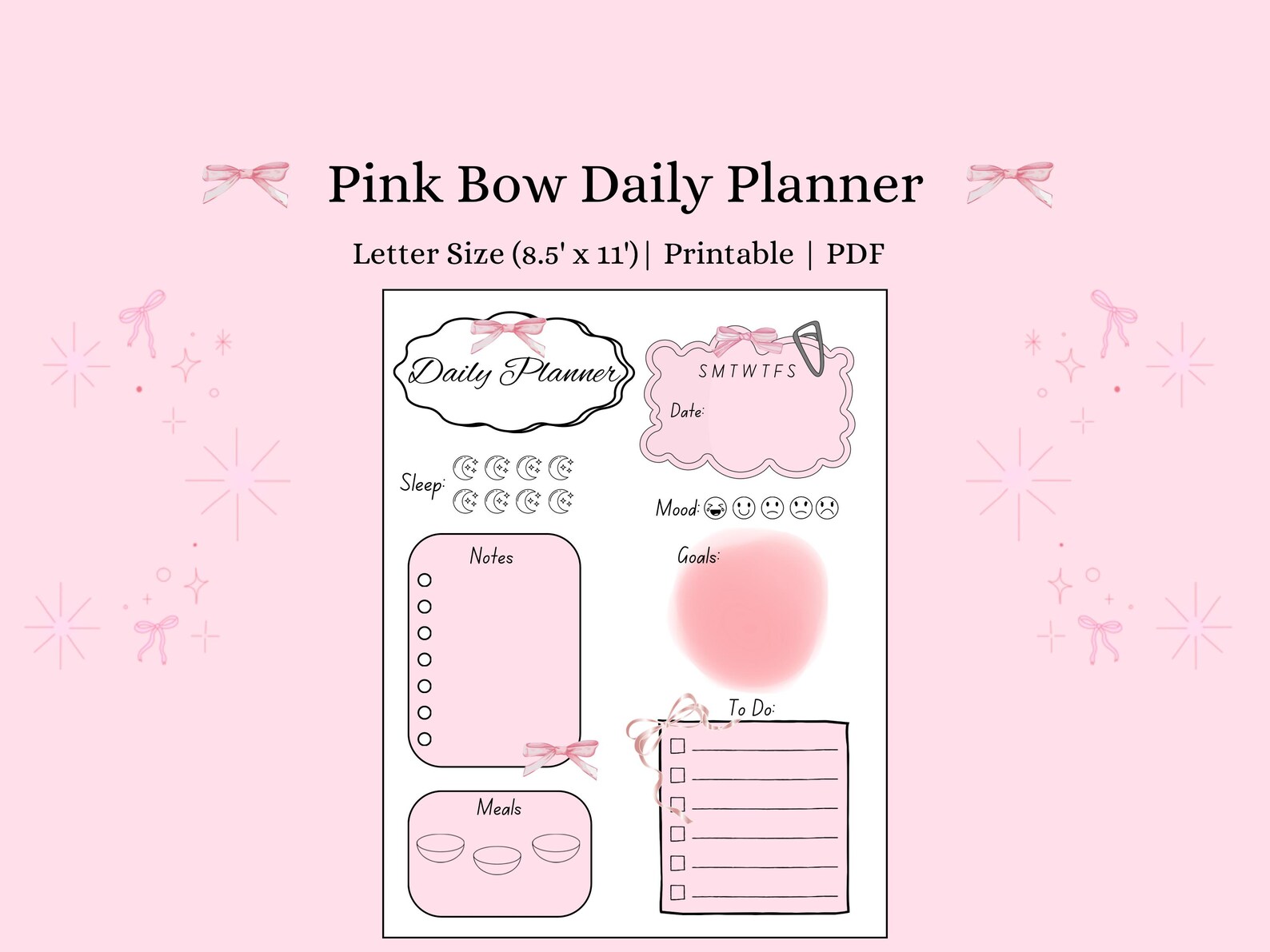 Pink Bow Daily Planner, Coquette Planner, Printable, PDF Download - Etsy
