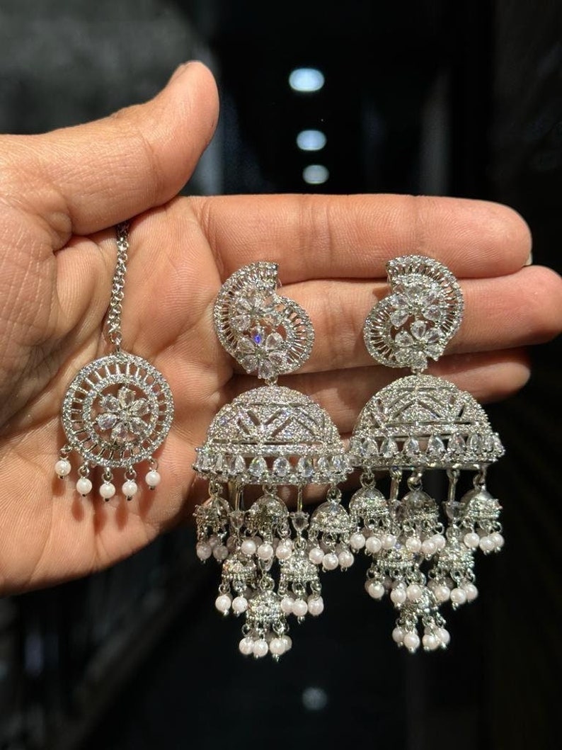 Silver Gold Jhumka Earrings Mangtika Set/ Indian Jewelry Indian ...