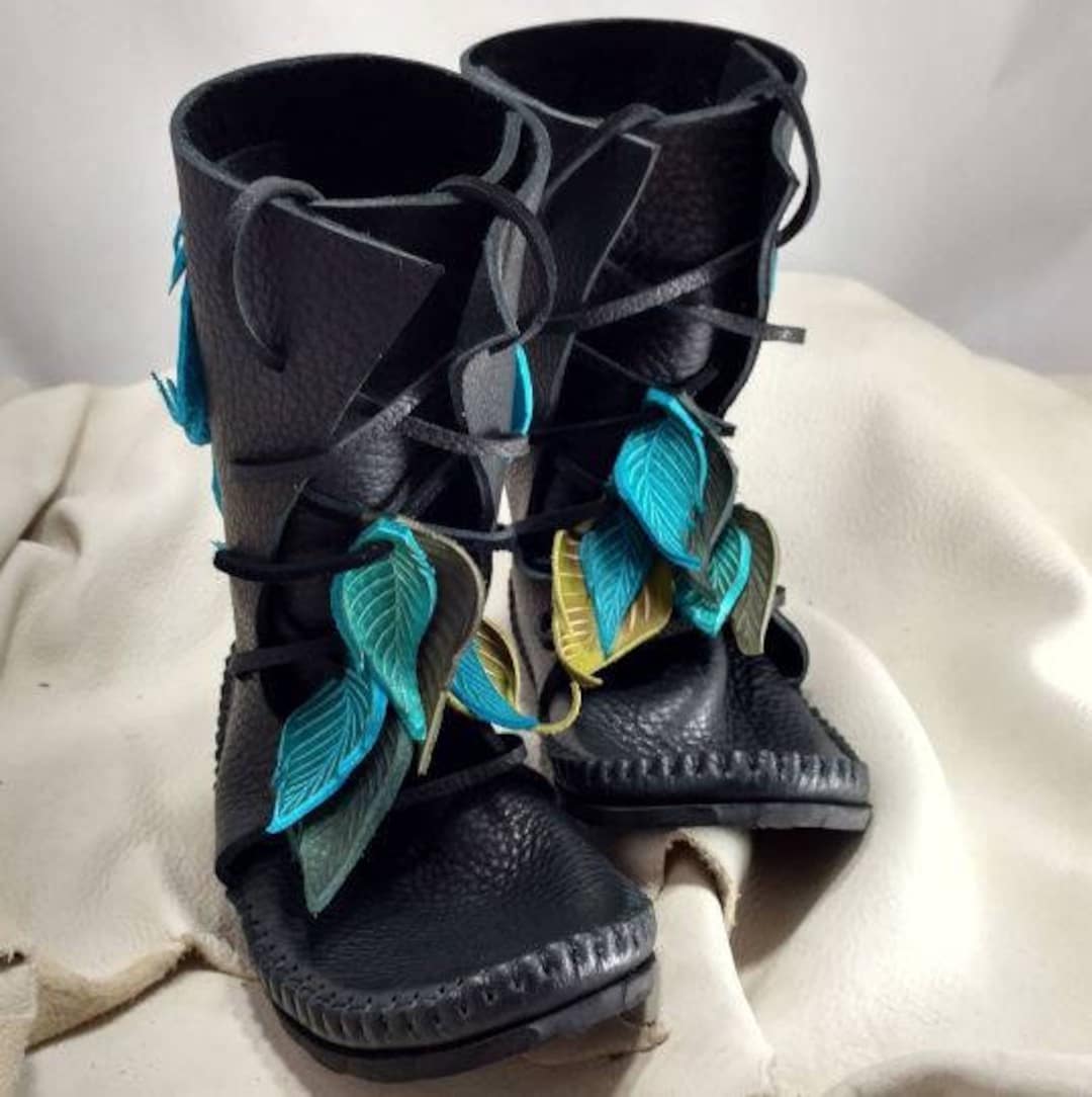 Bull Hide Shin High Moccasin Boots: Black Leather, Turquoise and Green ...