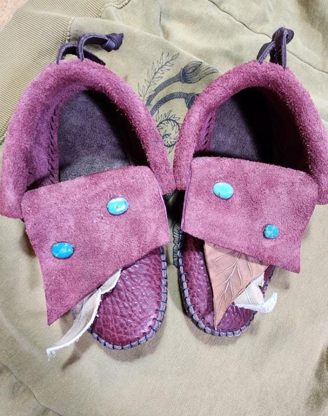 Leather Inca Moccasins: Raw Cut W/ 2 Stones and Leaves, Festival ...