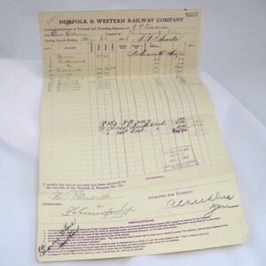 1916 Railroad Receipts, Norfolk & Western Employee Travel Expense ...