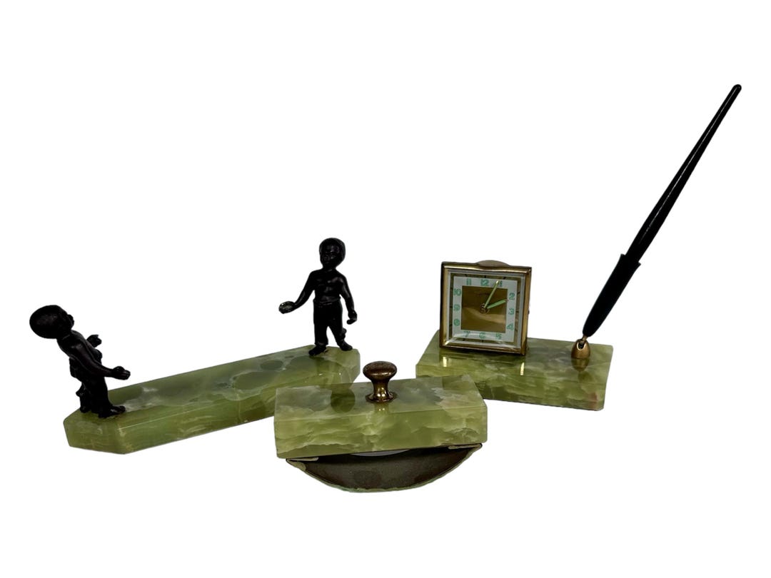 3 Piece Vintage Green Onyx Desk Set With Clock, Blotter and Paperweight ...