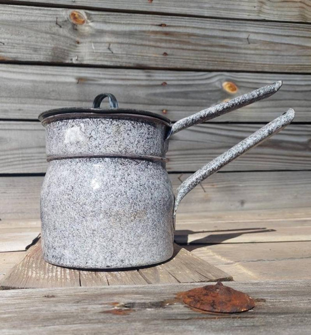 Vintage Enamel Ware Double Boiler Brown Granite, Agate, Gray Granite ...