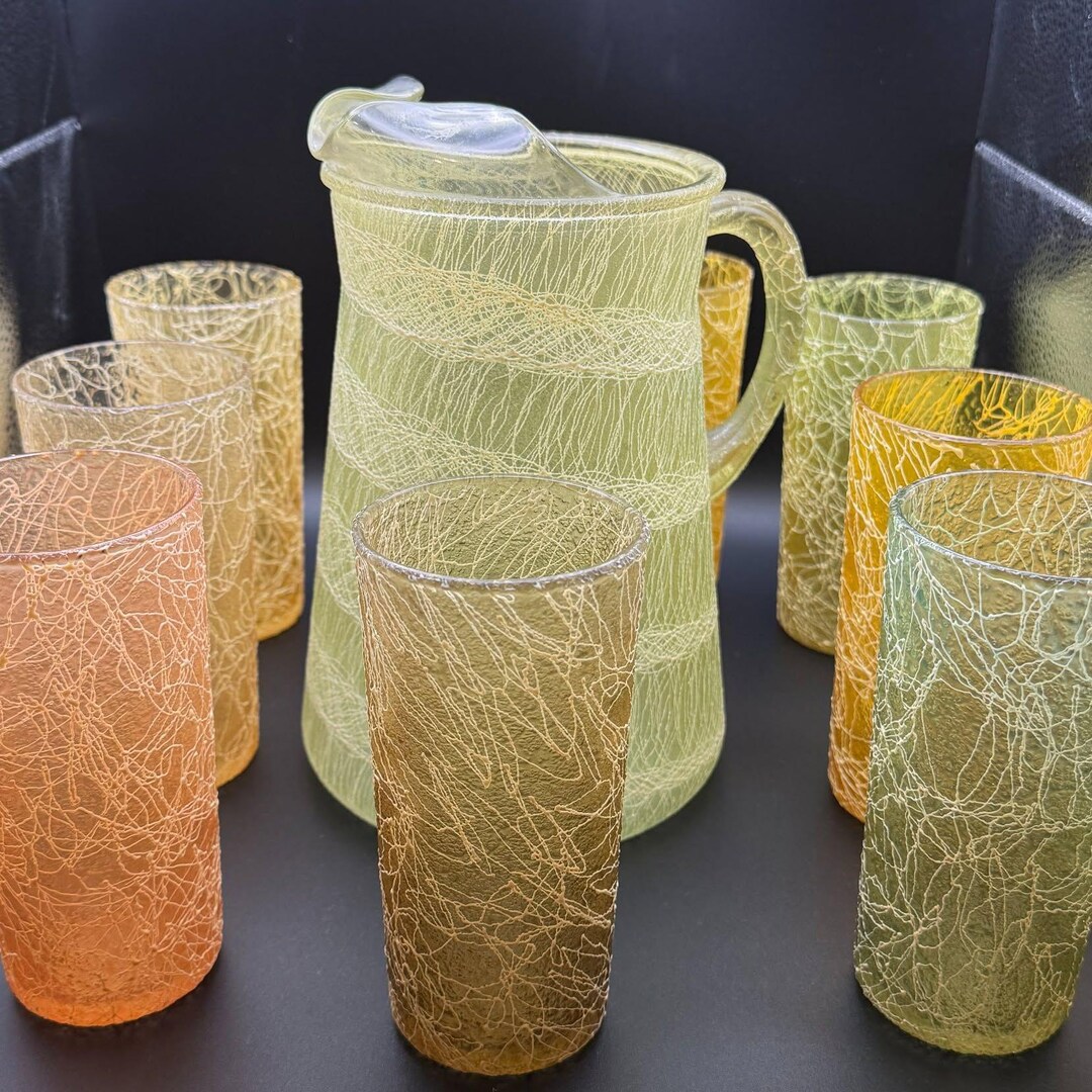 Vintage Color Craft Spaghetti String Pitcher and 8 Tumblers Set Mid ...