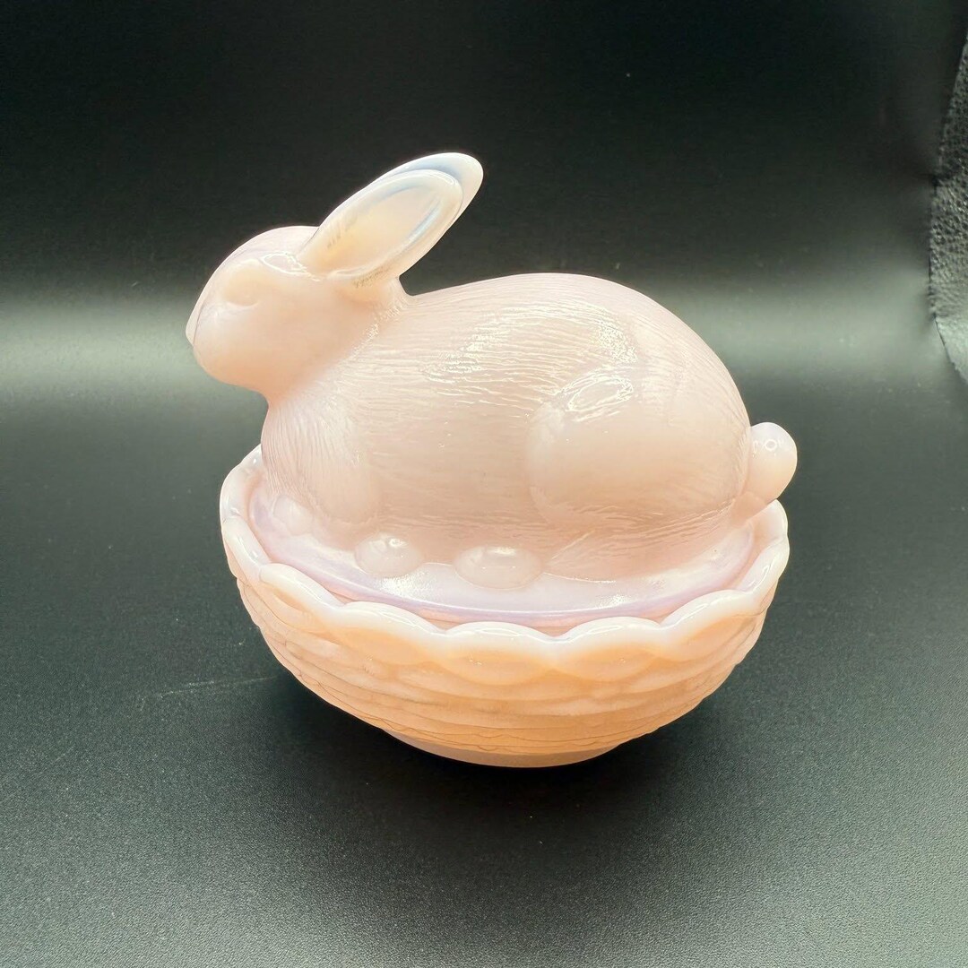 Mosser Glass Opaque Pink Easter Bunny Rabbit on Basket Nest Trinket ...