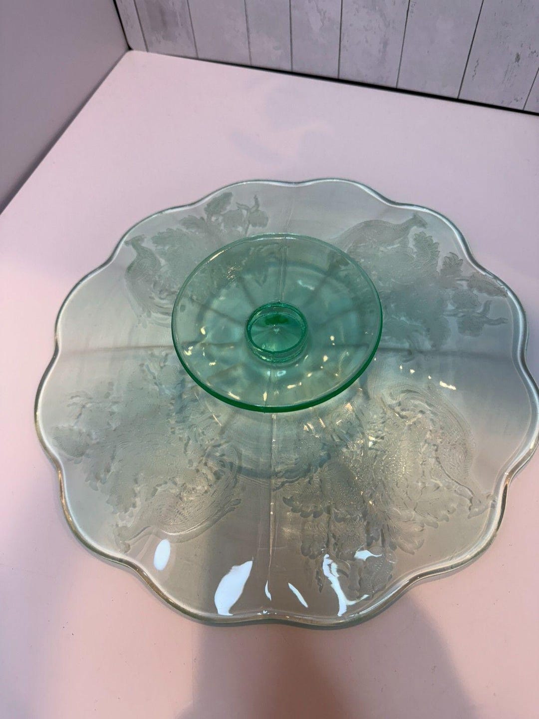Vintage Green Depression Vaseline Glass Peacock Design Footed 11" Cake ...