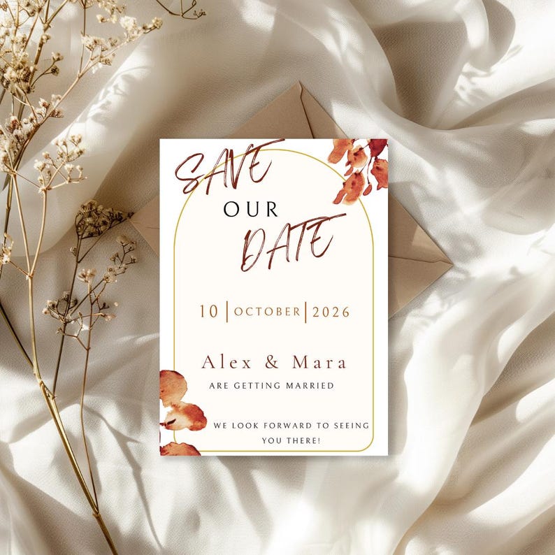 Fall Save the Date Template Canva | Terracotta Rust Autumn Wedding Card ...