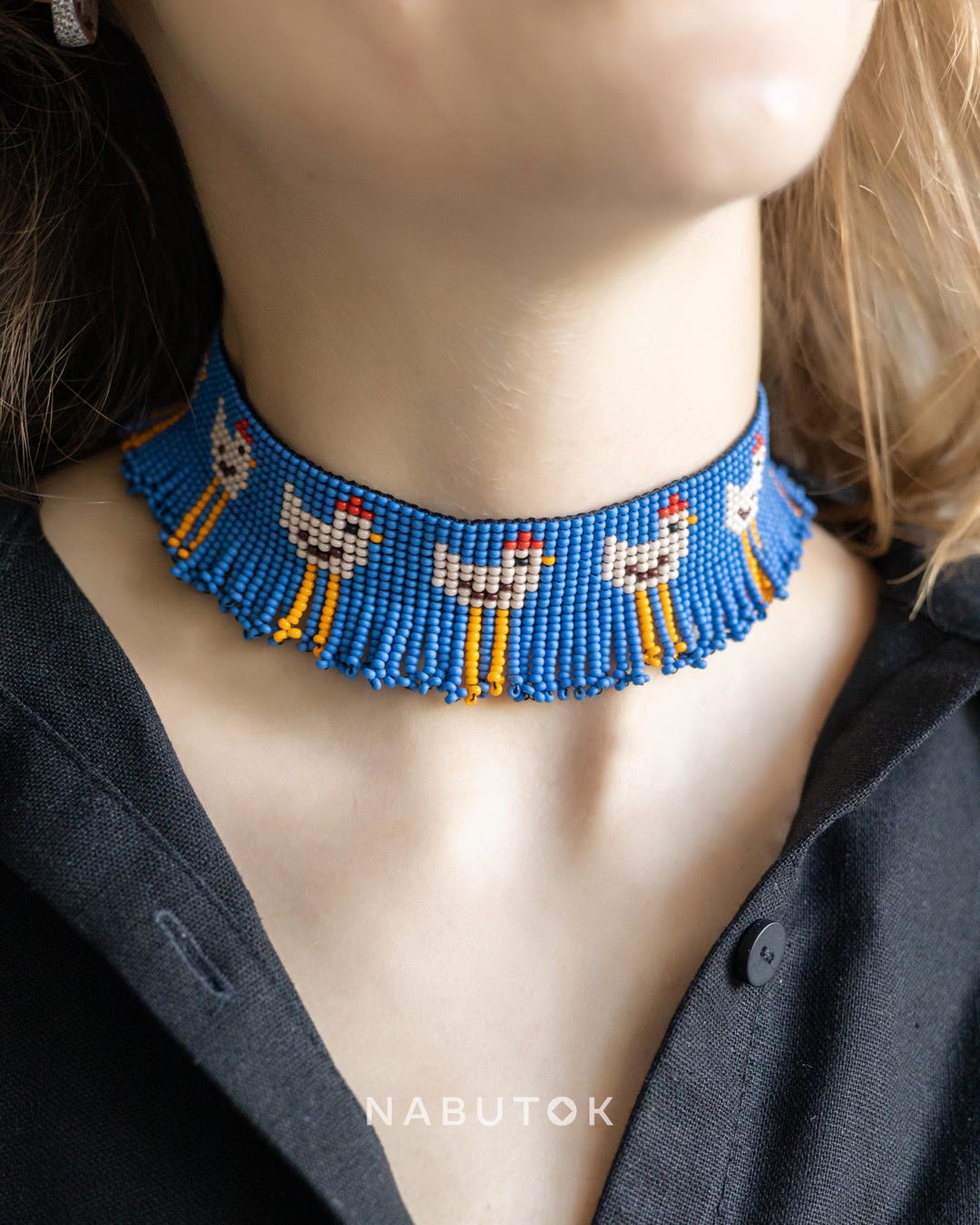 Beaded Chicken Choker: Handmade Blue Farm Animal Necklace - Etsy