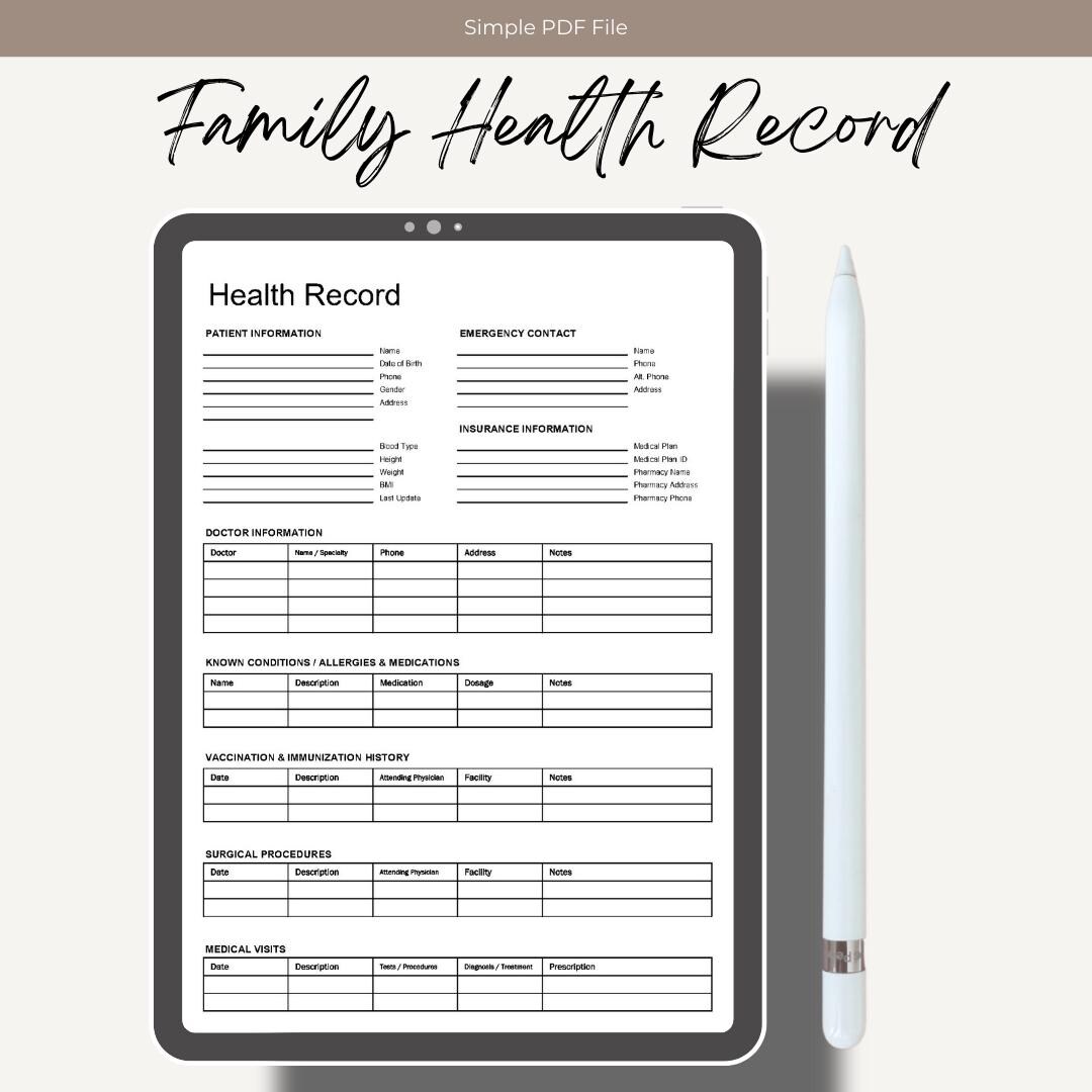 Printable Health Record for Family, Medical History Tracker, Log Daily ...