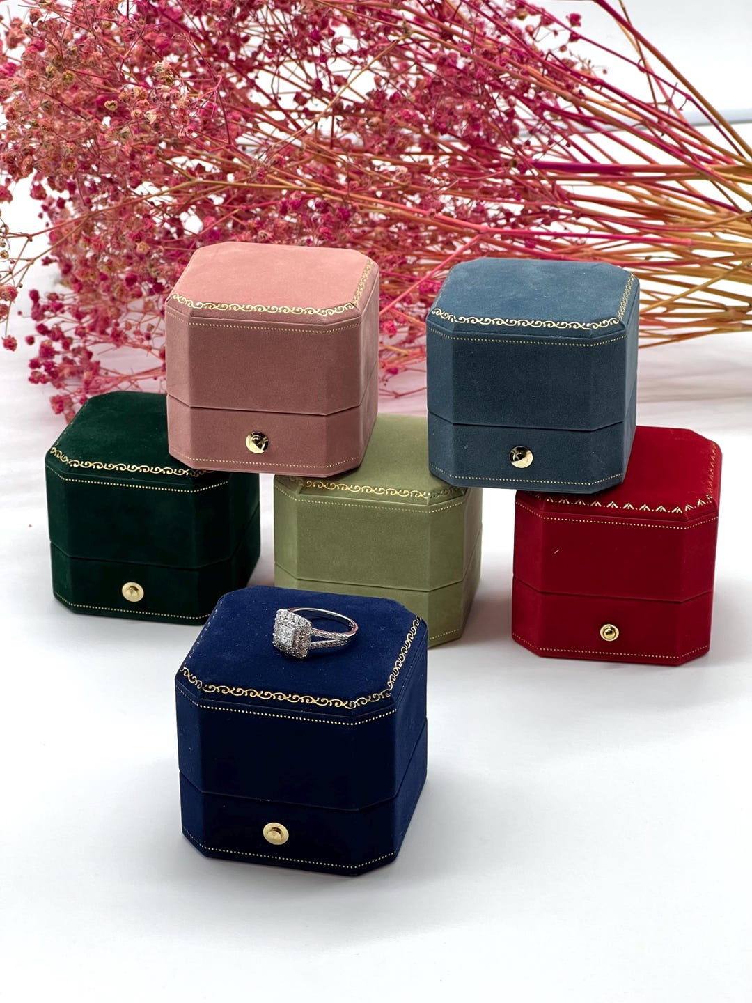 Vintage Velvet Ring Box: Octagonal Jewelry Storage, Decorative Buckle ...