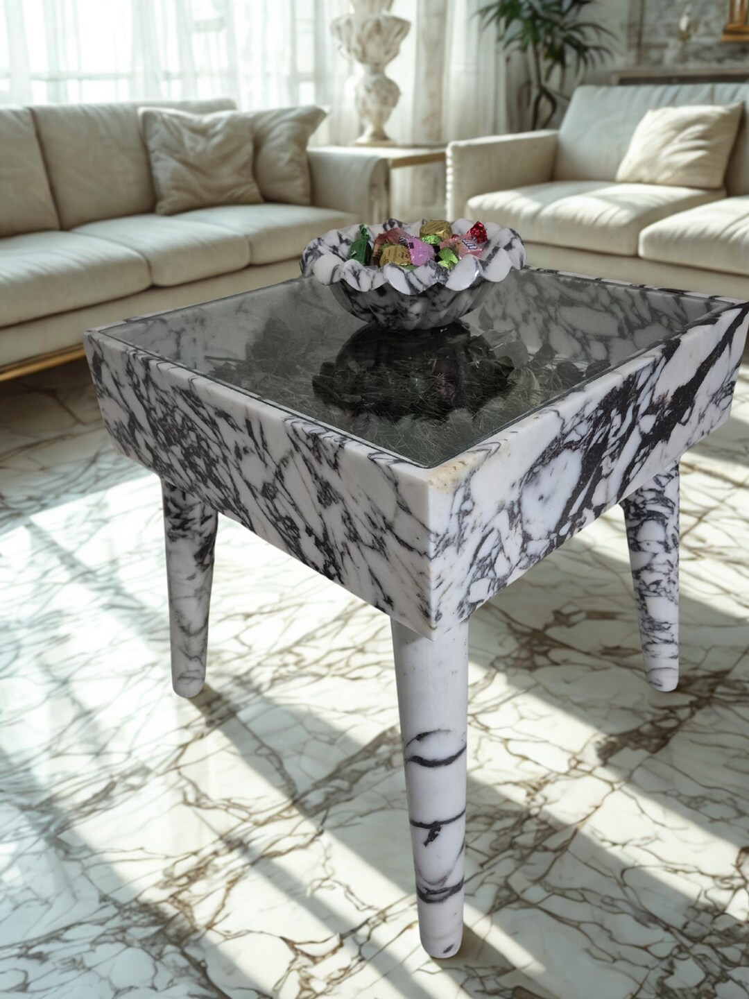 Elegant Calacatta Viola Marble Glass Memorial Corner Table - Honor ...
