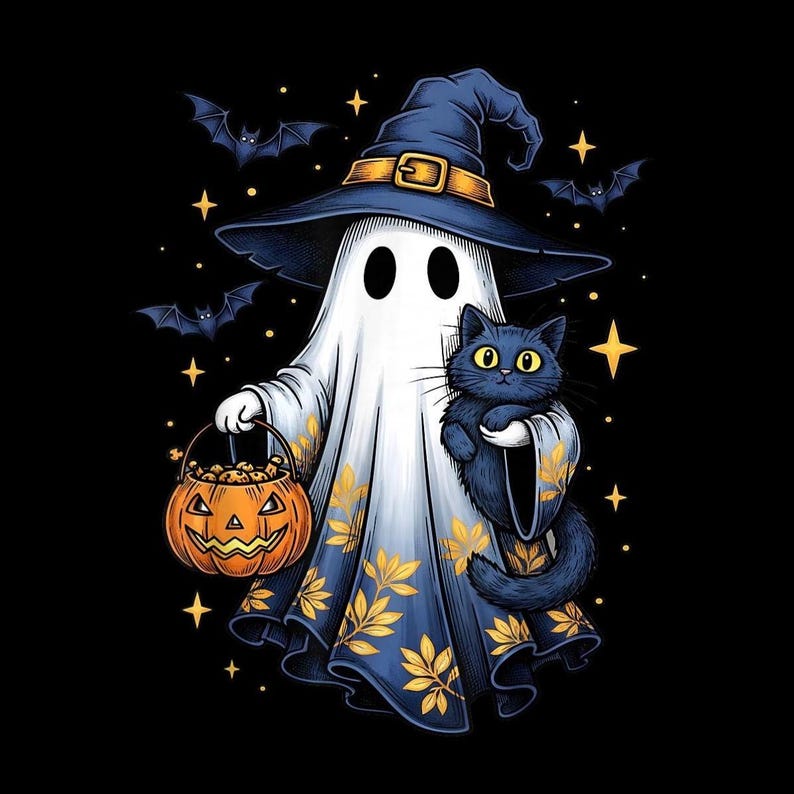 Halloween Cats Ghosts PNG, Cute Spooky Cat Shirt Digital Art, Witch Hat ...