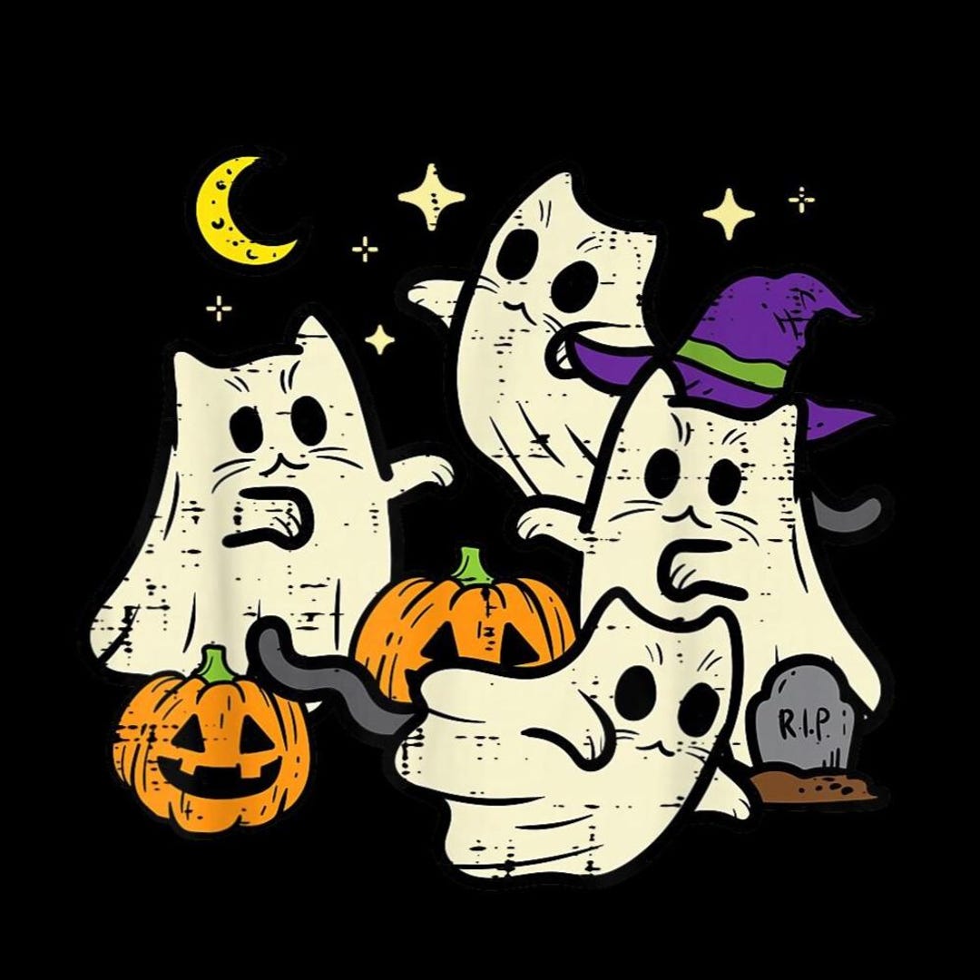 Halloween Cats Ghosts PNG, Cute Spooky Cat Shirt Digital Art, Witch Hat ...