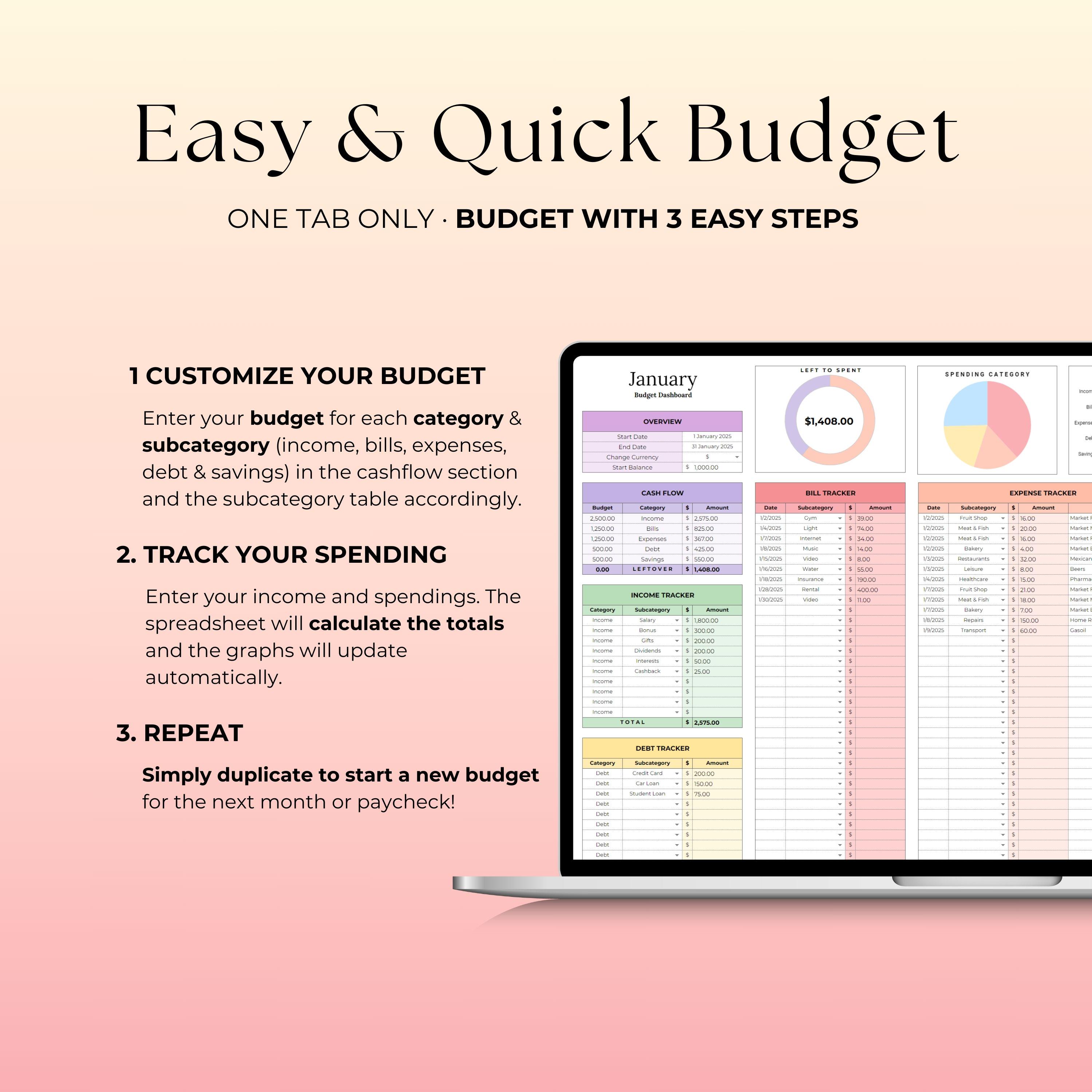 Monthly Budget, Best Monthly Budget Spreadsheet, Easy Expense Tracker ...