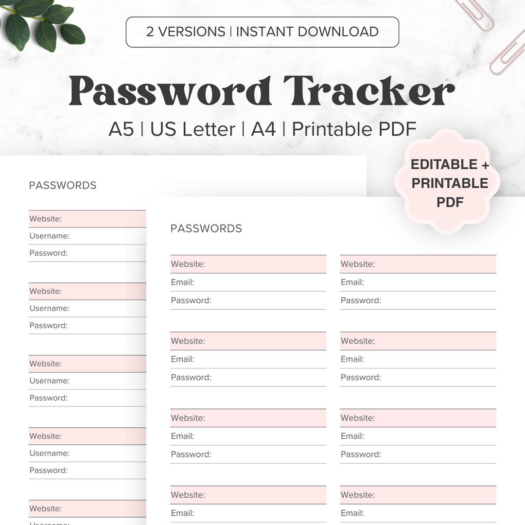 Editable Password Tracker, Password Manager, Login to My Account, Login ...