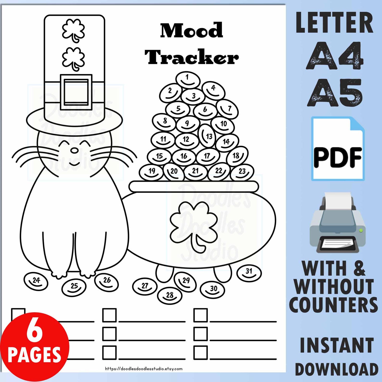 March Mood Tracker, Cat Mood Tracker, St Patrick's Day, Habit Tracker ...