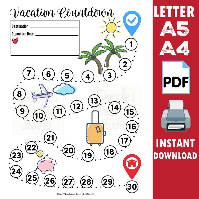 Vacation Countdown Calendar, 30-day Countdown Vacation, Family Vacation ...