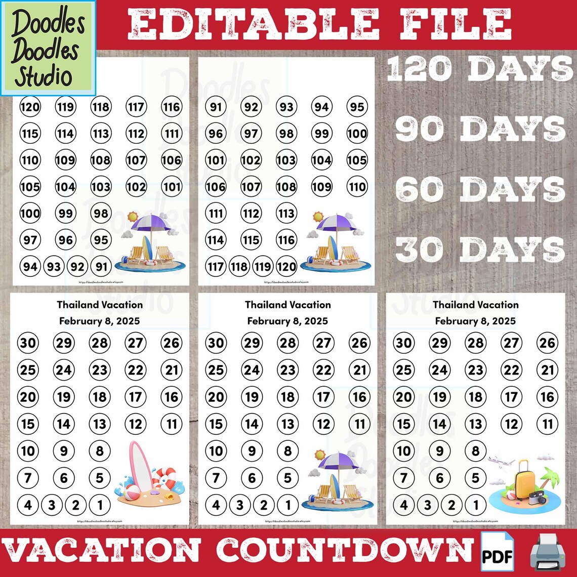 Editable Vacation Countdown Calendar, 30, 60, 90, 120 Day Countdown ...