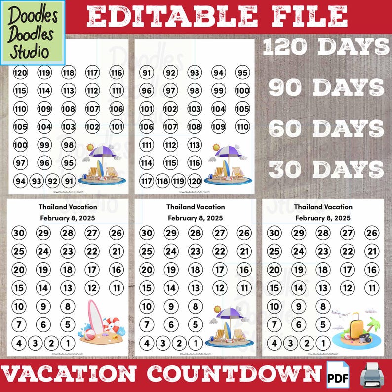 Editable Vacation Countdown Calendar, 30, 60, 90, 120 Day Countdown ...