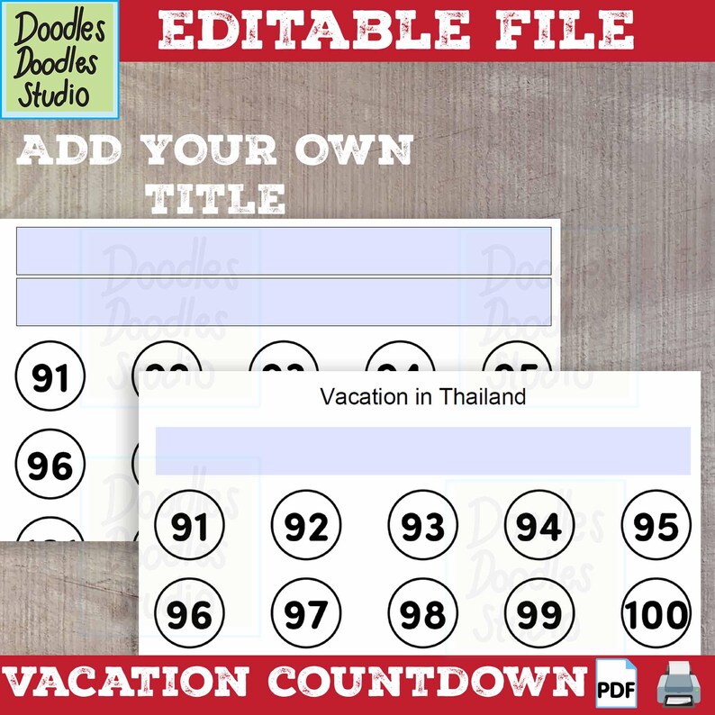Editable Vacation Countdown Calendar, 30, 60, 90, 120 Day Countdown ...