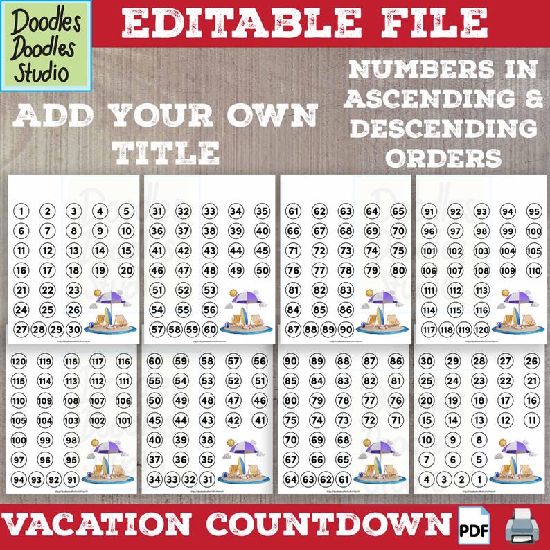Editable Vacation Countdown Calendar, 30, 60, 90, 120 Day Countdown ...