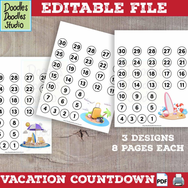 Editable Vacation Countdown Calendar, 30, 60, 90, 120 Day Countdown ...