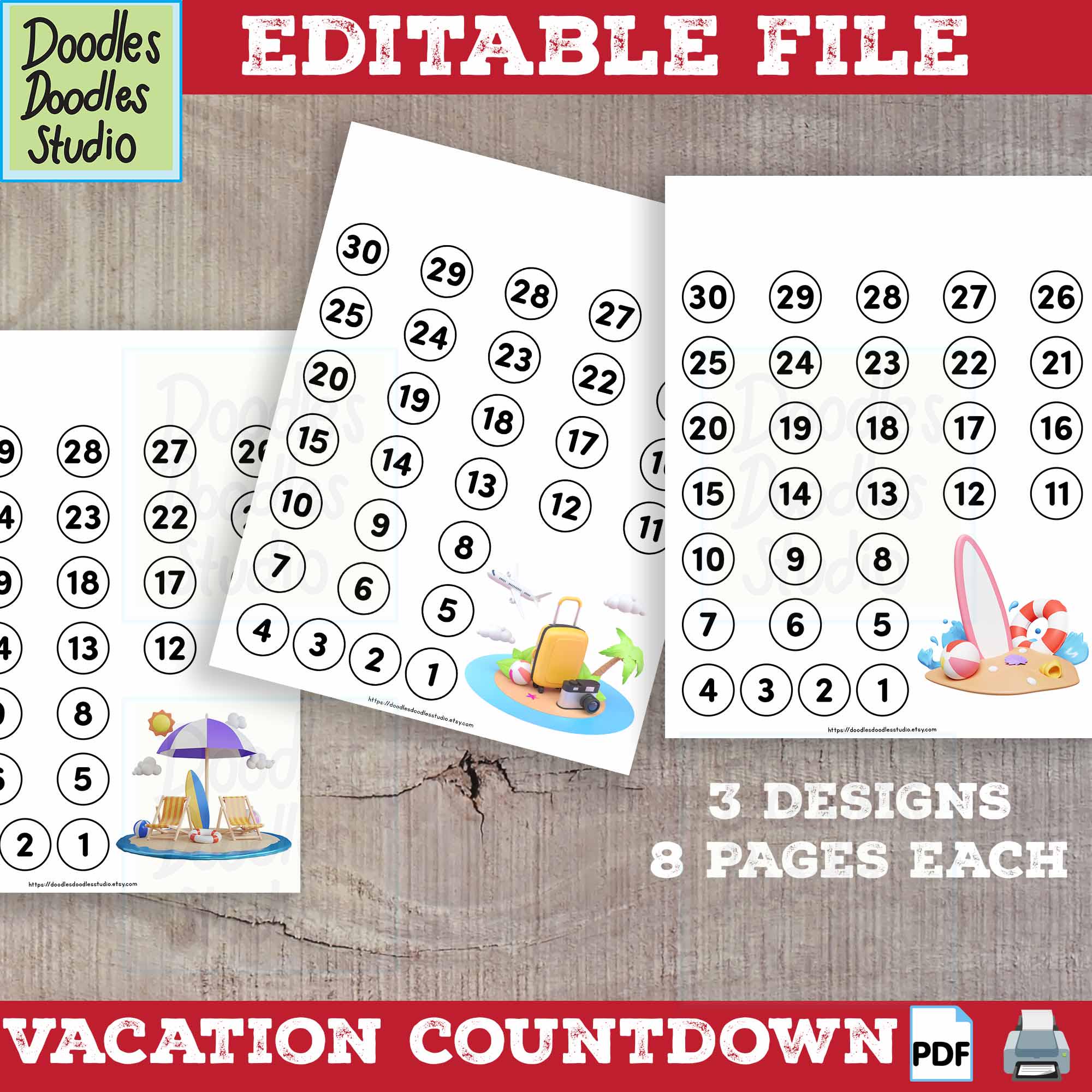 Editable Vacation Countdown Calendar, 30, 60, 90, 120 Day Countdown ...