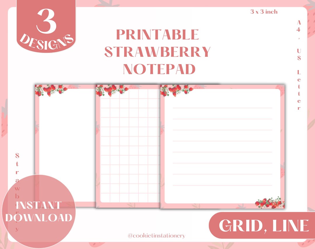 DIGITAL 'strawberry' GRID, LINE Notepad| Cute Handmade Diy Gift for ...