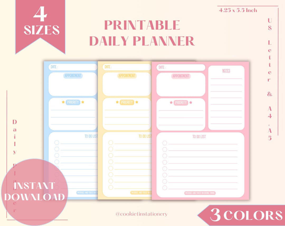 Printable DAILY PLANNER Digital Downloads Notepad, Templates. Cute to ...