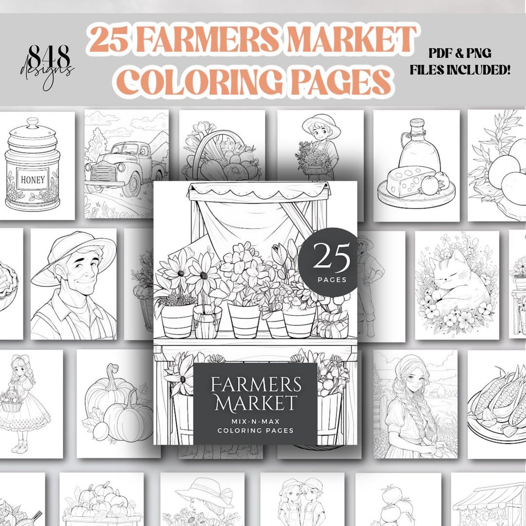 PRINTABLE 25 Farmers Market Coloring Sheets, Kids and Adult Activity ...