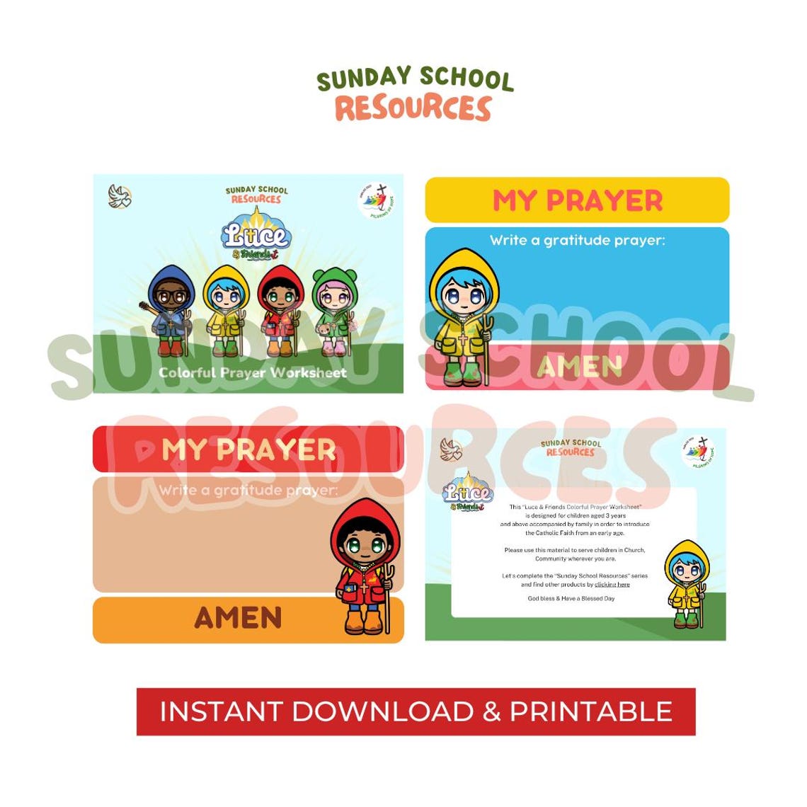 Catholic Colorful Prayer Worksheet: Luce and Friends Bundle | Catholic ...