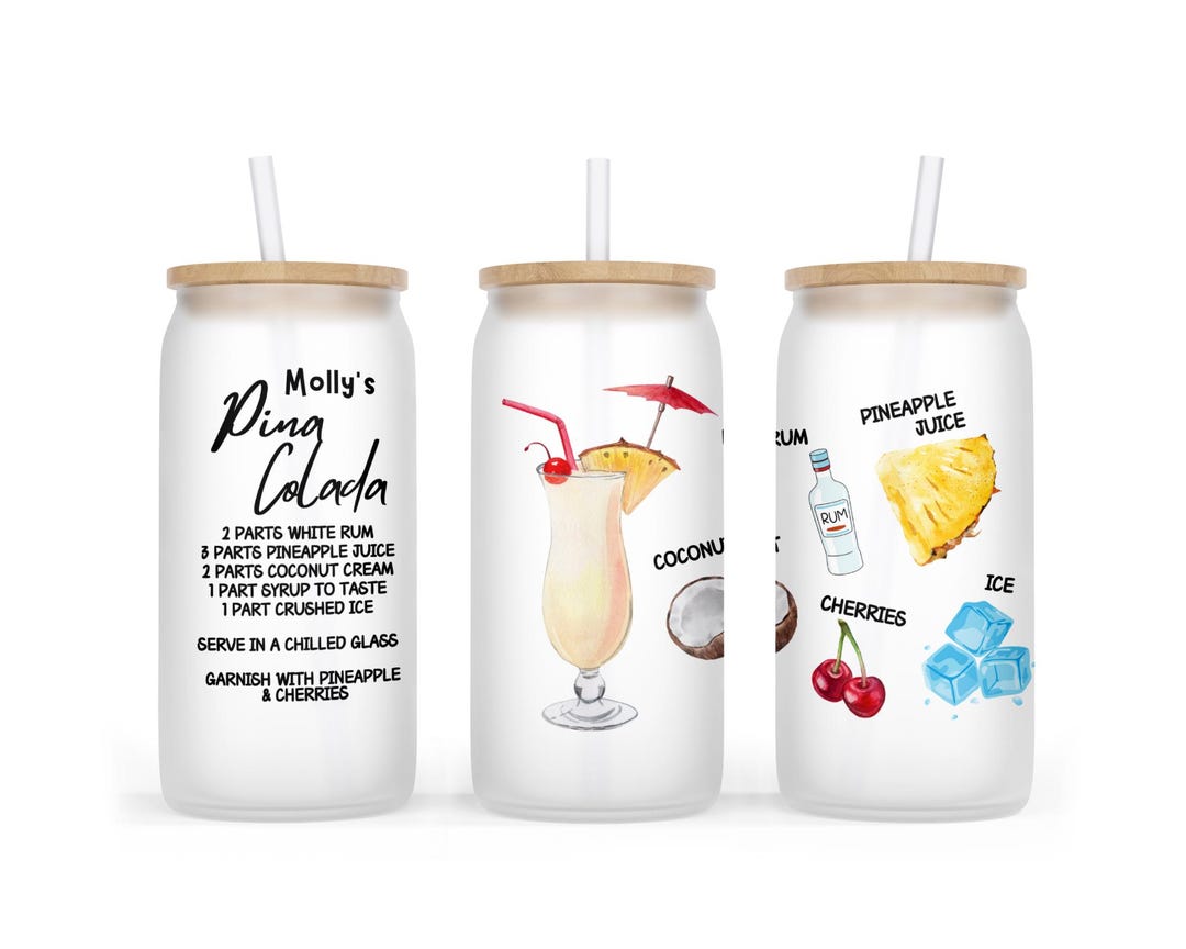 Personalised Frosted Glass Tumbler With Lid & Straw - Pina Colada ...