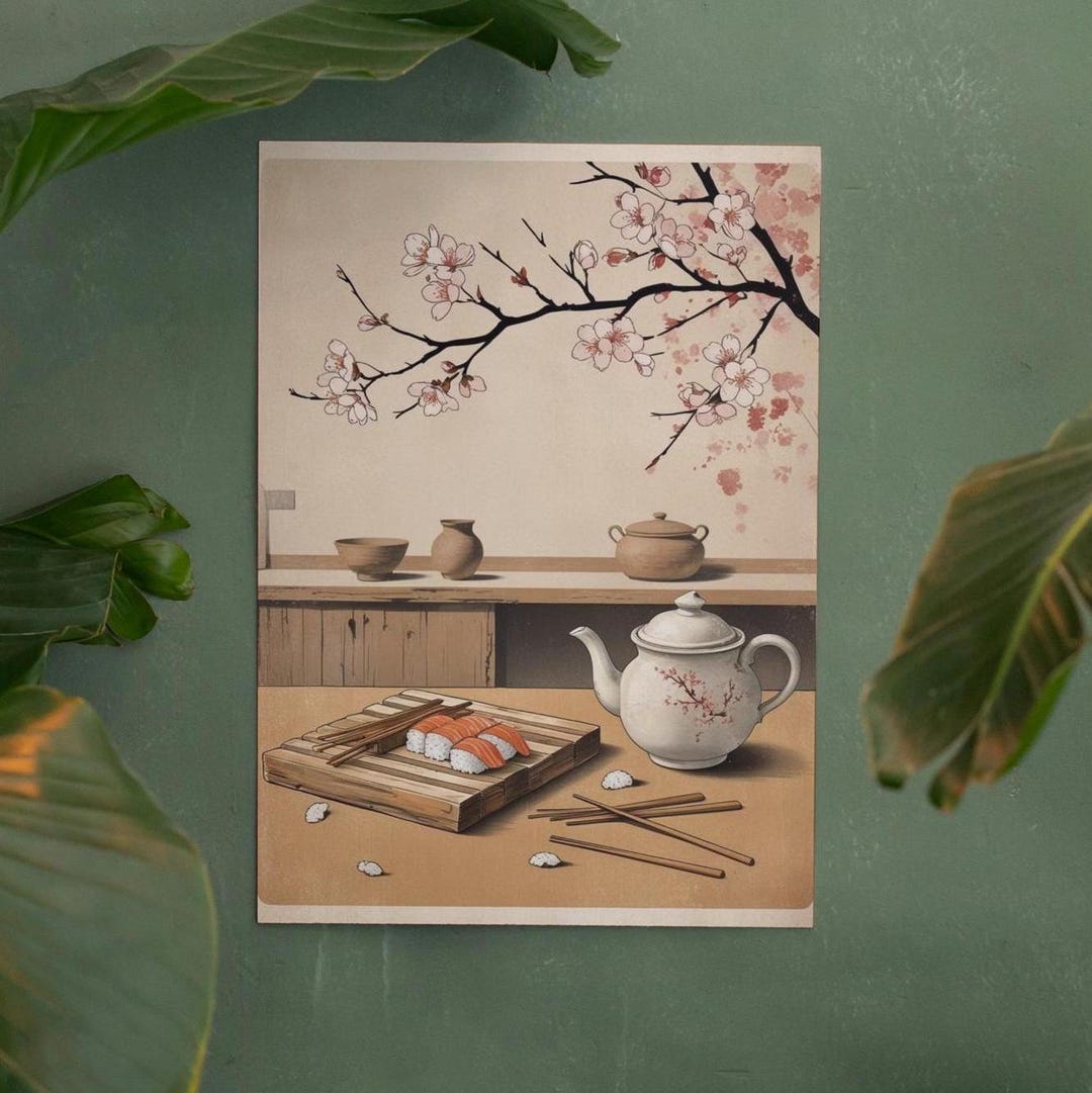 Vintage Japanese Kitchen Wall Art Traditional Food & Cherry Blossoms ...