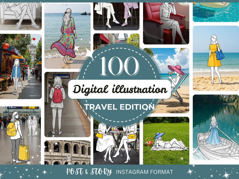 100 Faceless Travel Illustrations Bundle • Instagram Posts & Stories ...